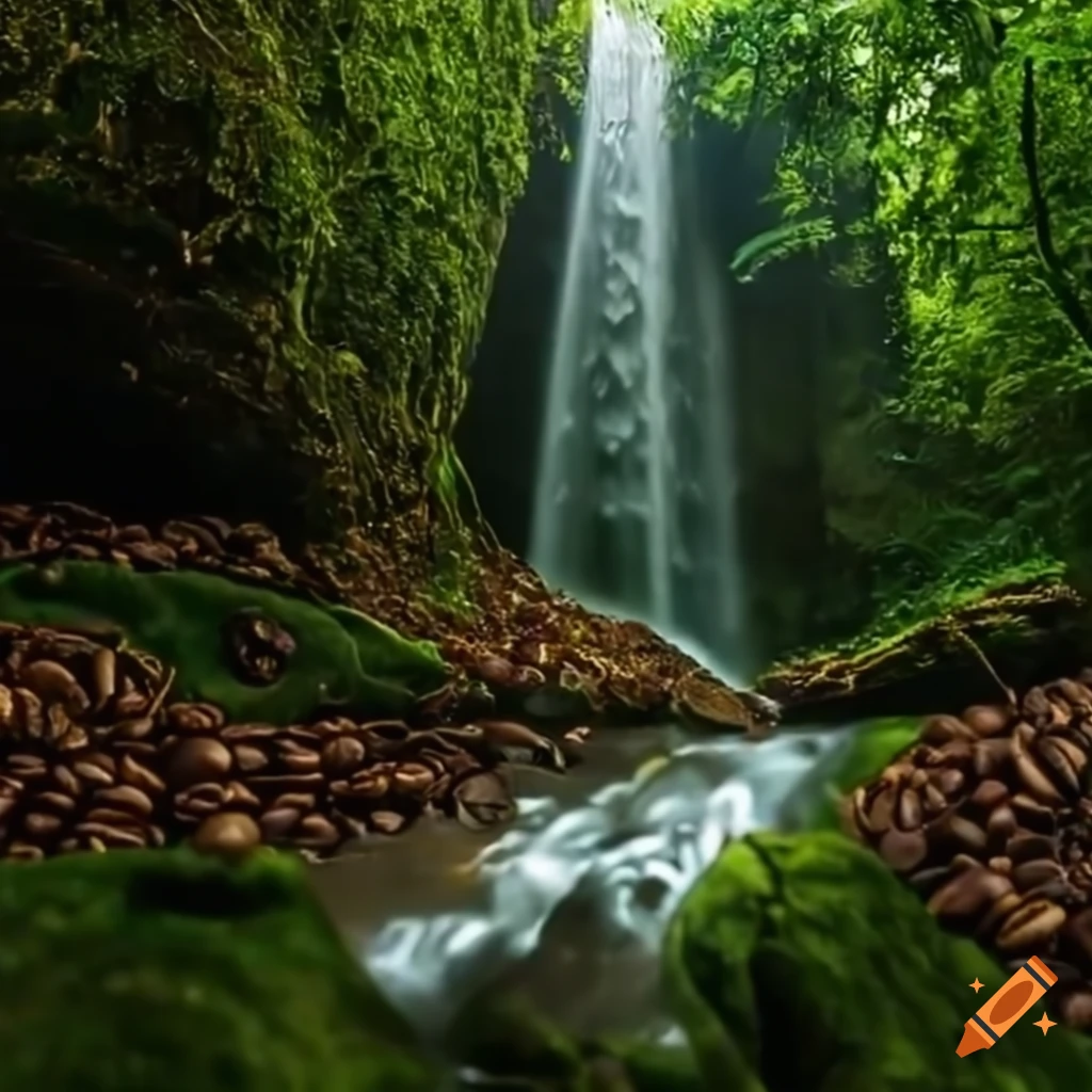 Coffee beans flow like water down a massive waterfall in the forest on ...