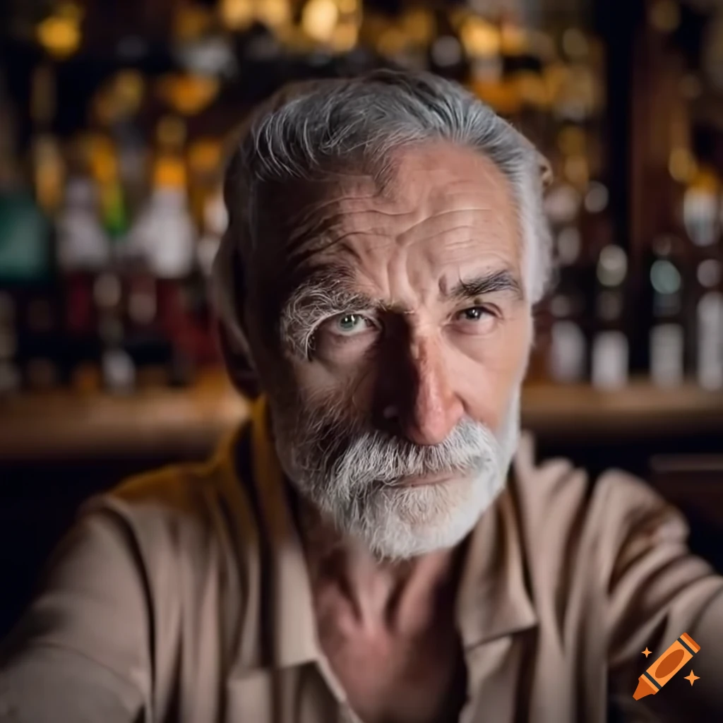 Grey haired man at the bar clear face