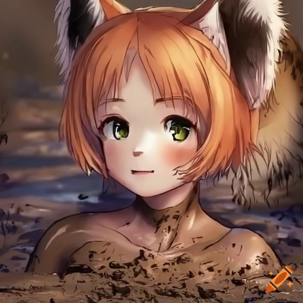 Appropriate anime fox girl playing in the mud, realistic, anime, cute ...
