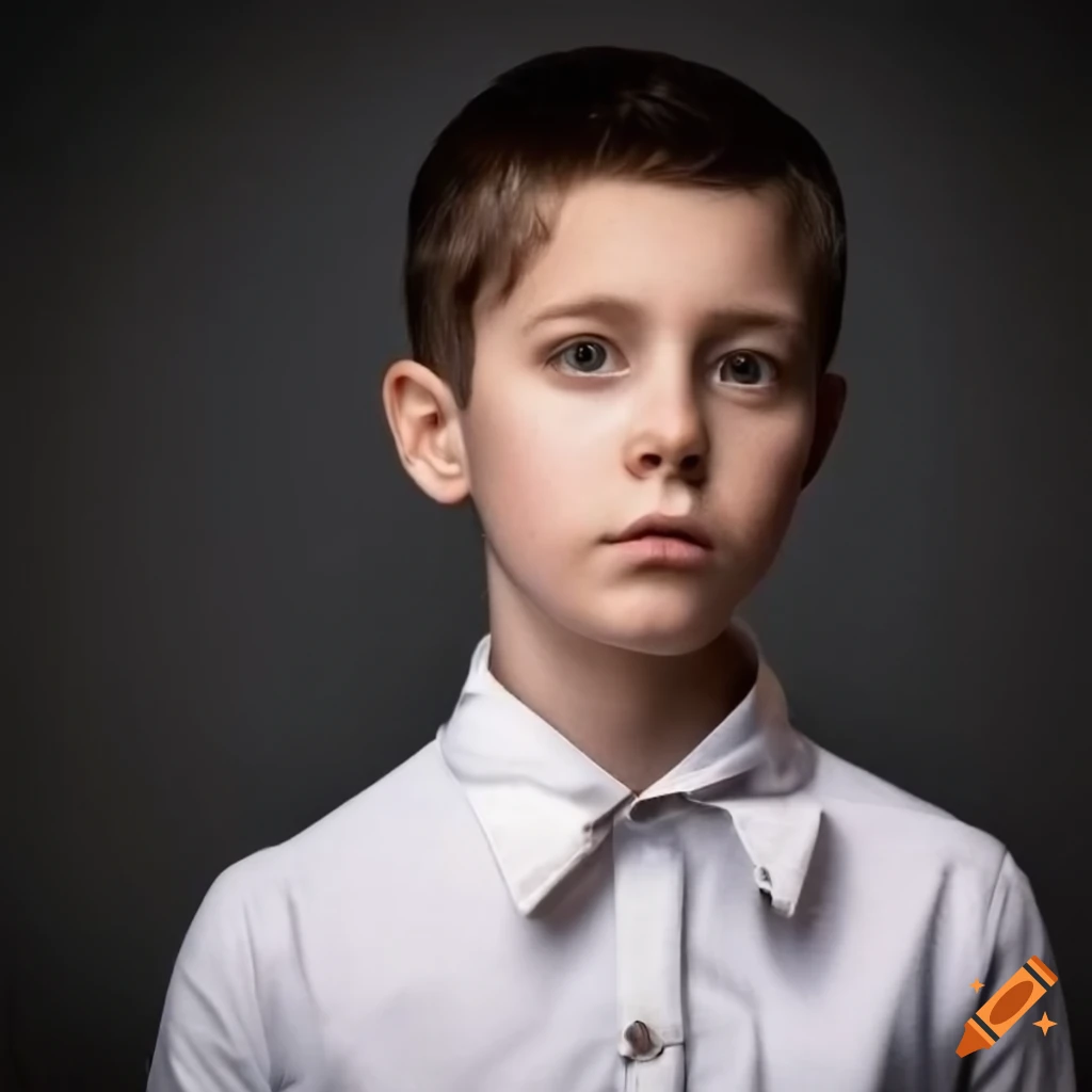 Hyper-realistic front-facing portrait boy wearing a high-collar-shirt ...