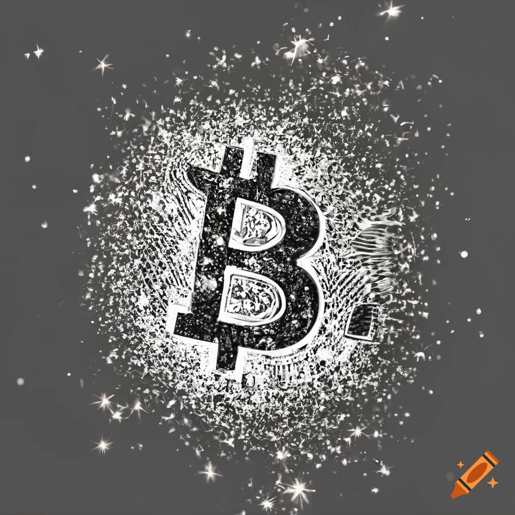 White bitcoin logo with sparkling particles on a black background on ...