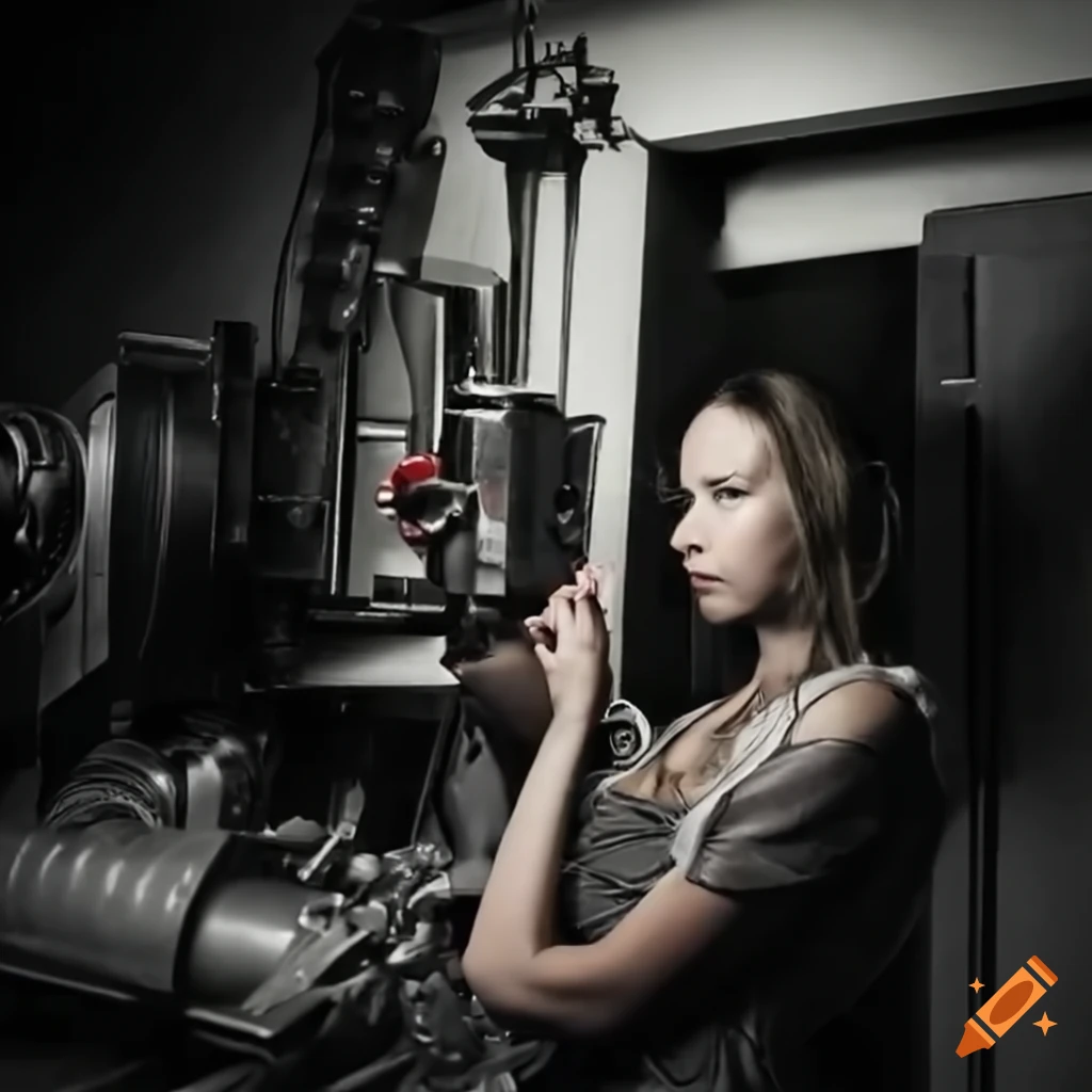 Amazing girl in front of a tools machine