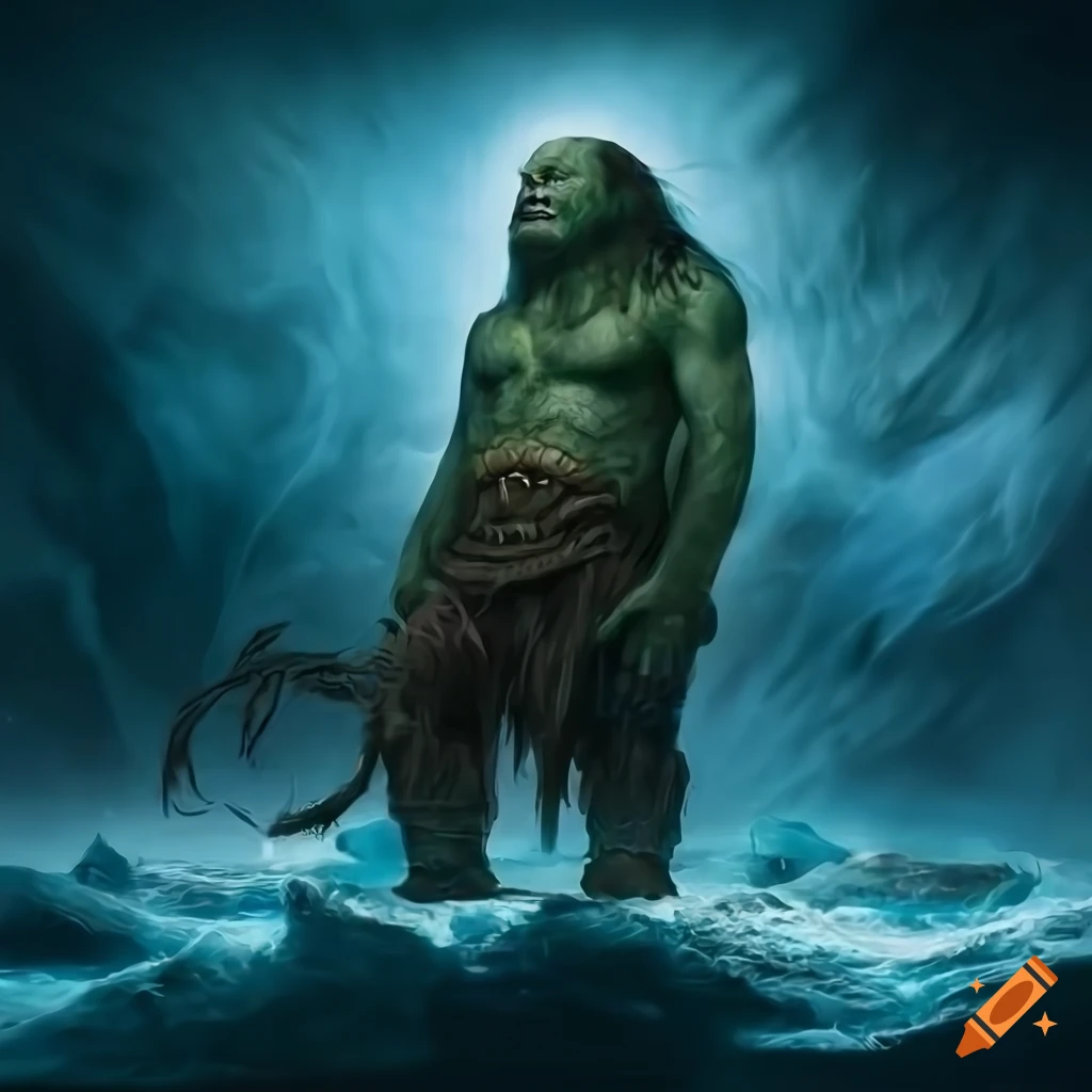 A fantasy troll influenced by Brom,sealed in ice, stormy ocean ...