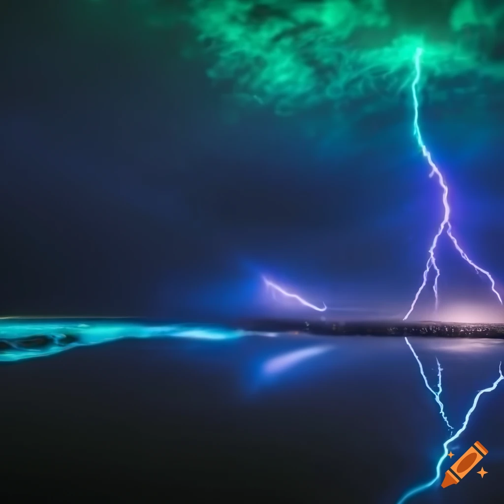 Neon blue lightning, nightime reflection on water, ultraviolet sparks ...