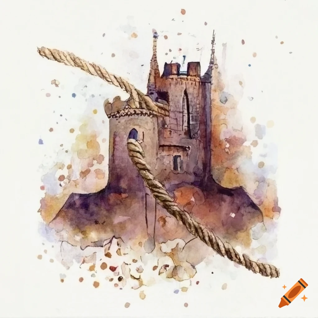 Rope dangling down castle shaft in watercolor illustration
