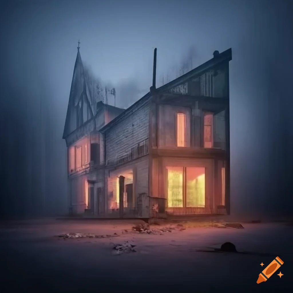 A misty 3d exterior rendering of colorful abandoned building in steel ...