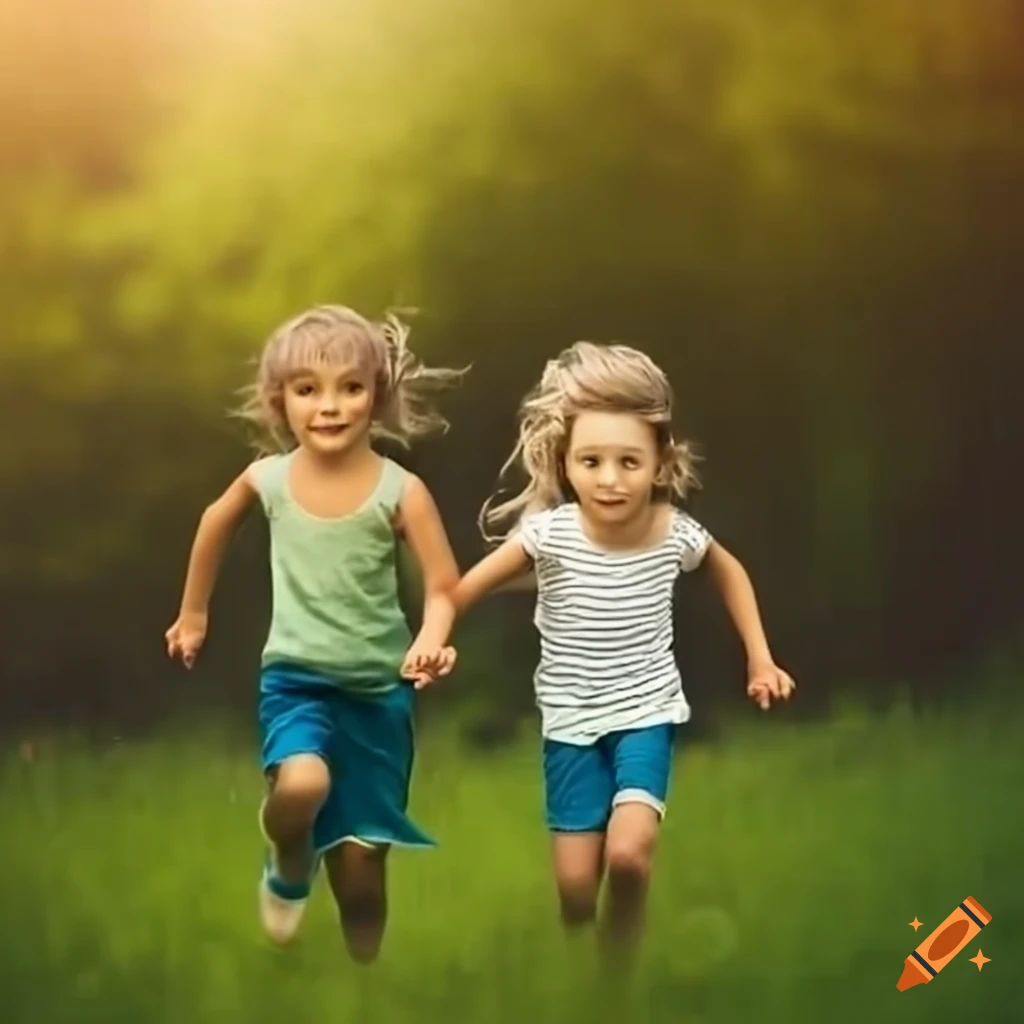Two children running together in grass