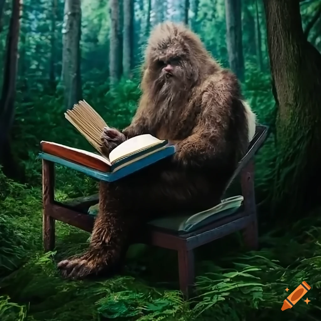 Hairy Sasquatch wearing glasses, reading a book while sitting in a ...