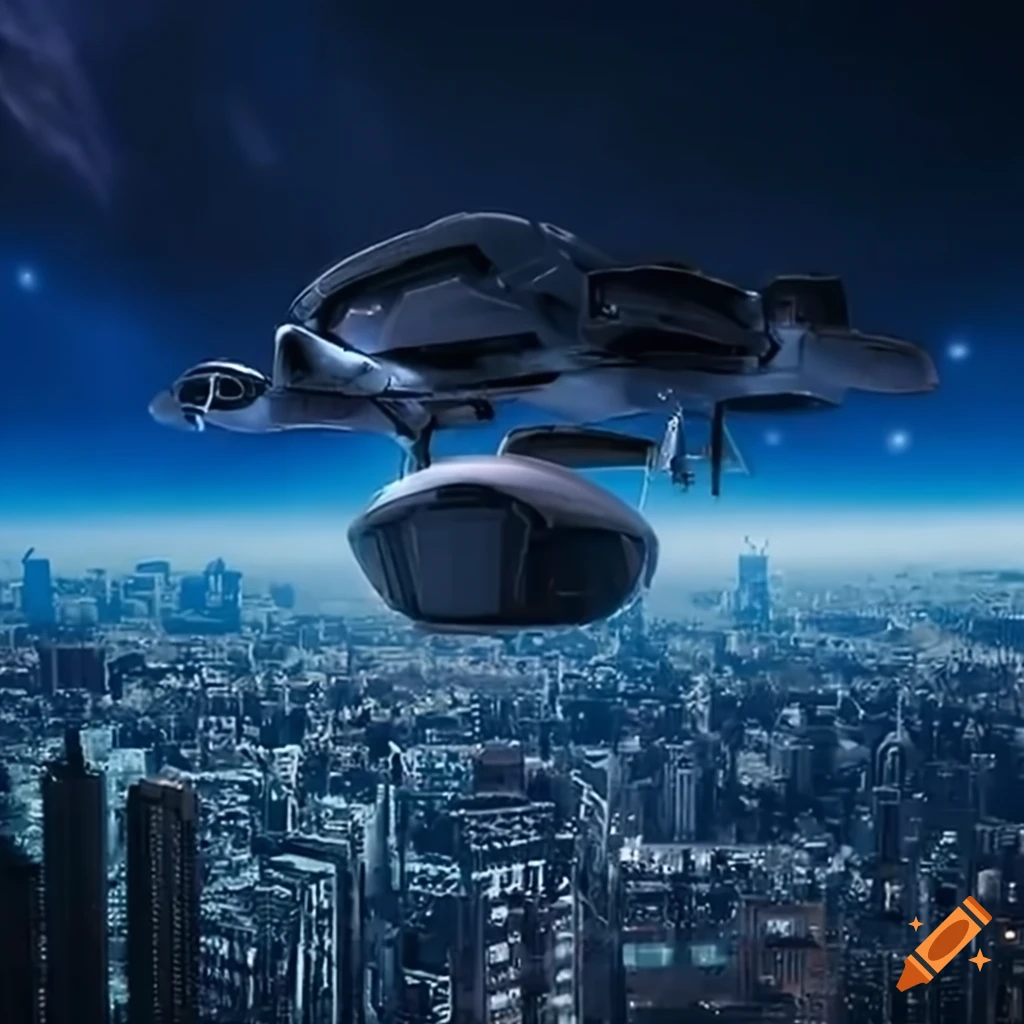 An epic sci-fi flying vehicle soaring through futuristic cityscape