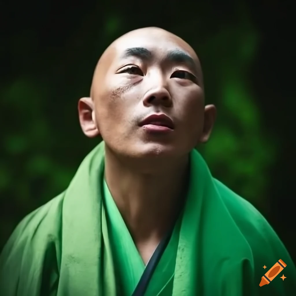 Muscular Male Japanese ascetic mountain monk in green robe on Craiyon