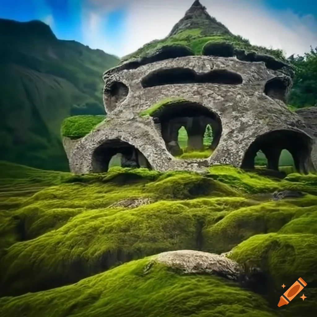 Gigantic fantasy brutalist organic stone temple palace built on a mossy ...