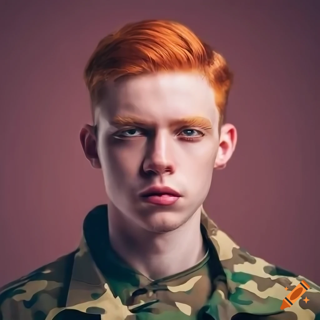 Photo portrait face of a serious young man short red hair thin pointed ...