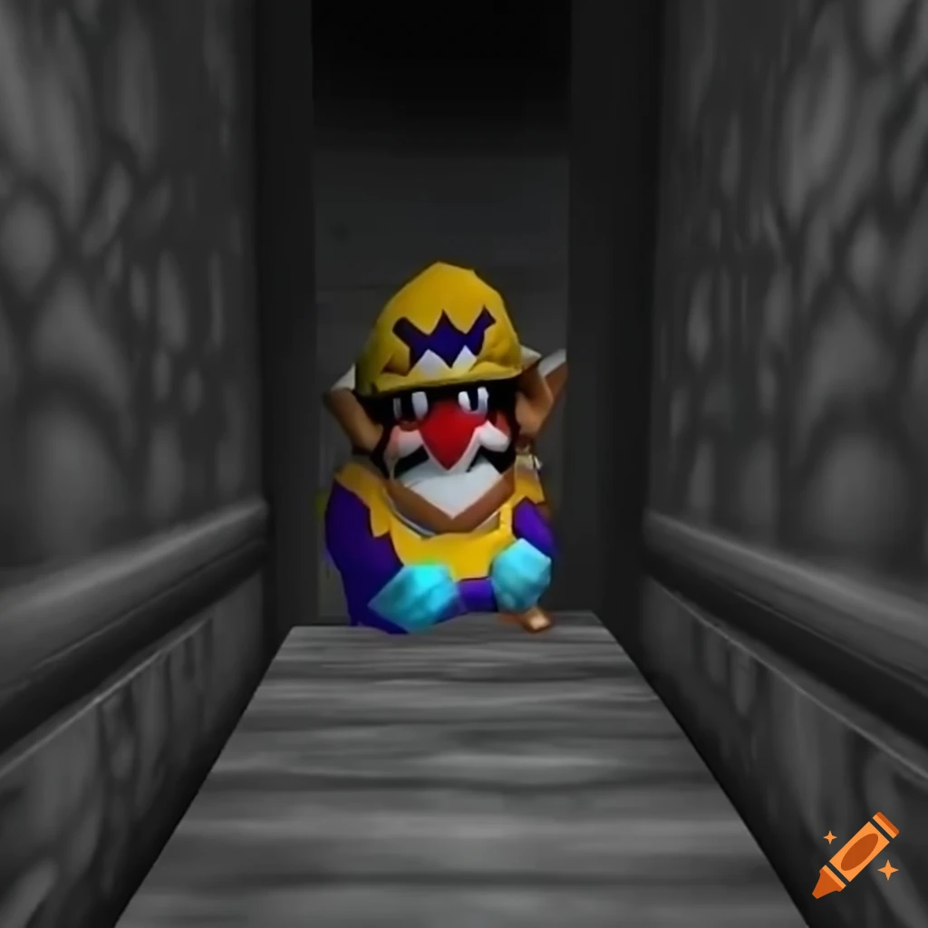 Super mario 64 wario's giant head in strange scary hallway on Craiyon