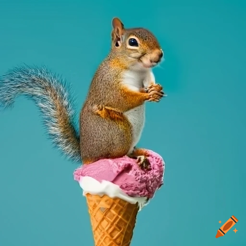A squirrel sitting in an ice cream cone, photorealism, studio shot on ...