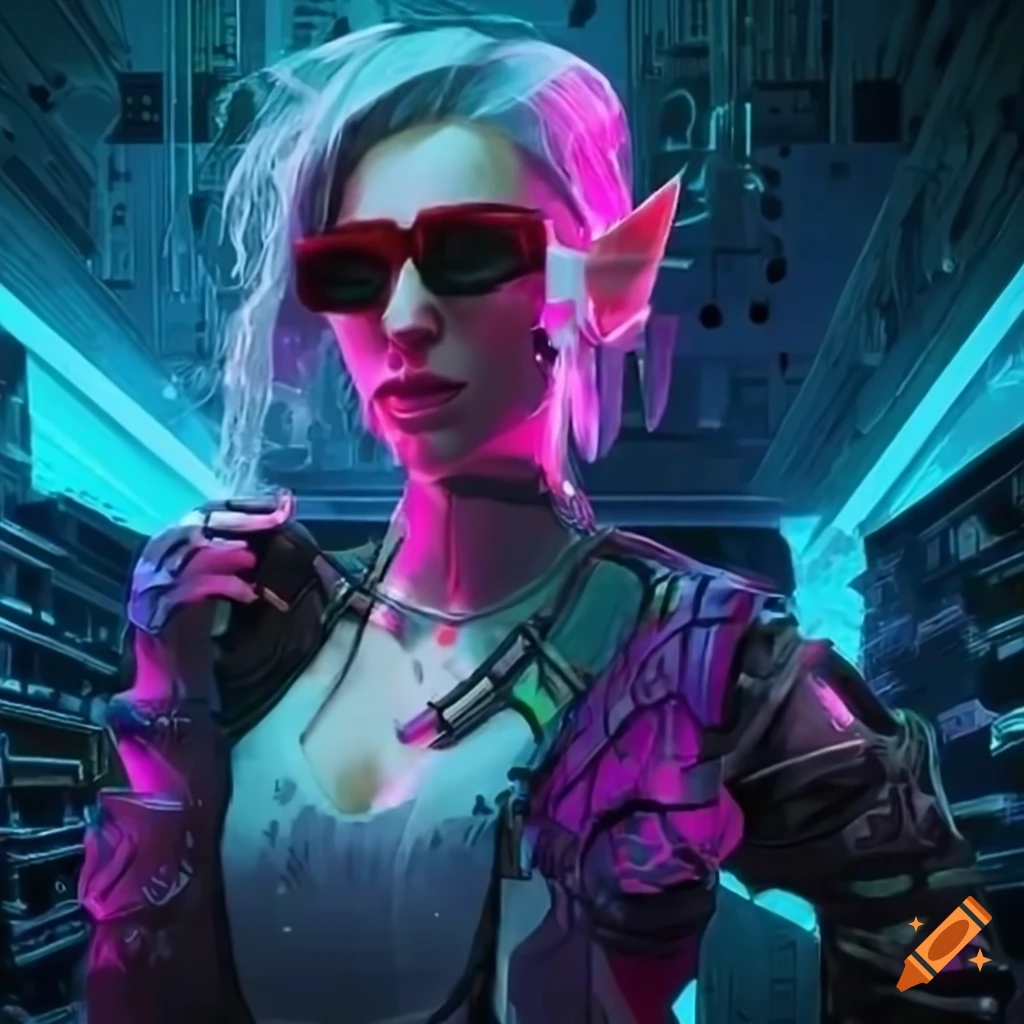 Cyberpunk elf with a AR glasses using a terminal inside a server room on Craiyon