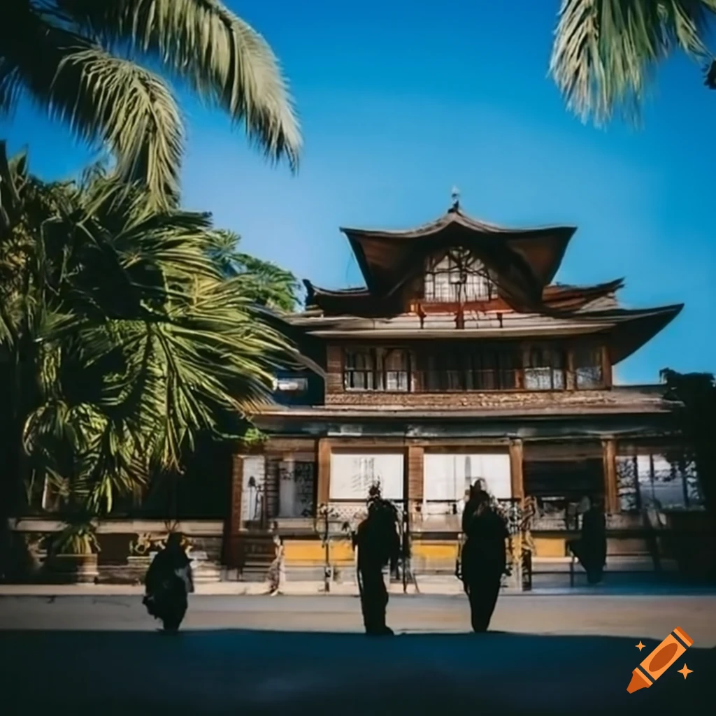 Outside of huge dojo, in town with palm around