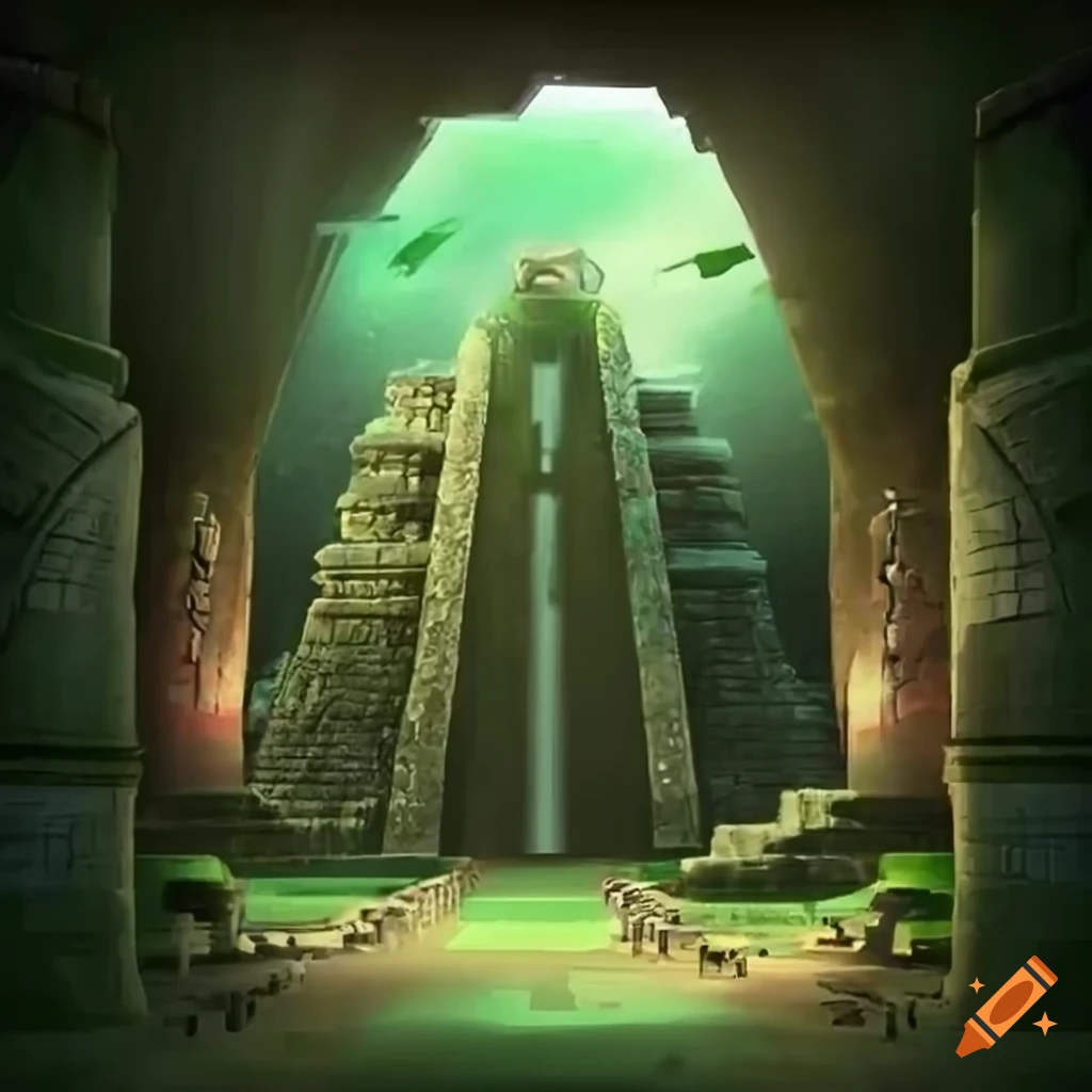 Concept of an underground futuristic city with a mayan temple
