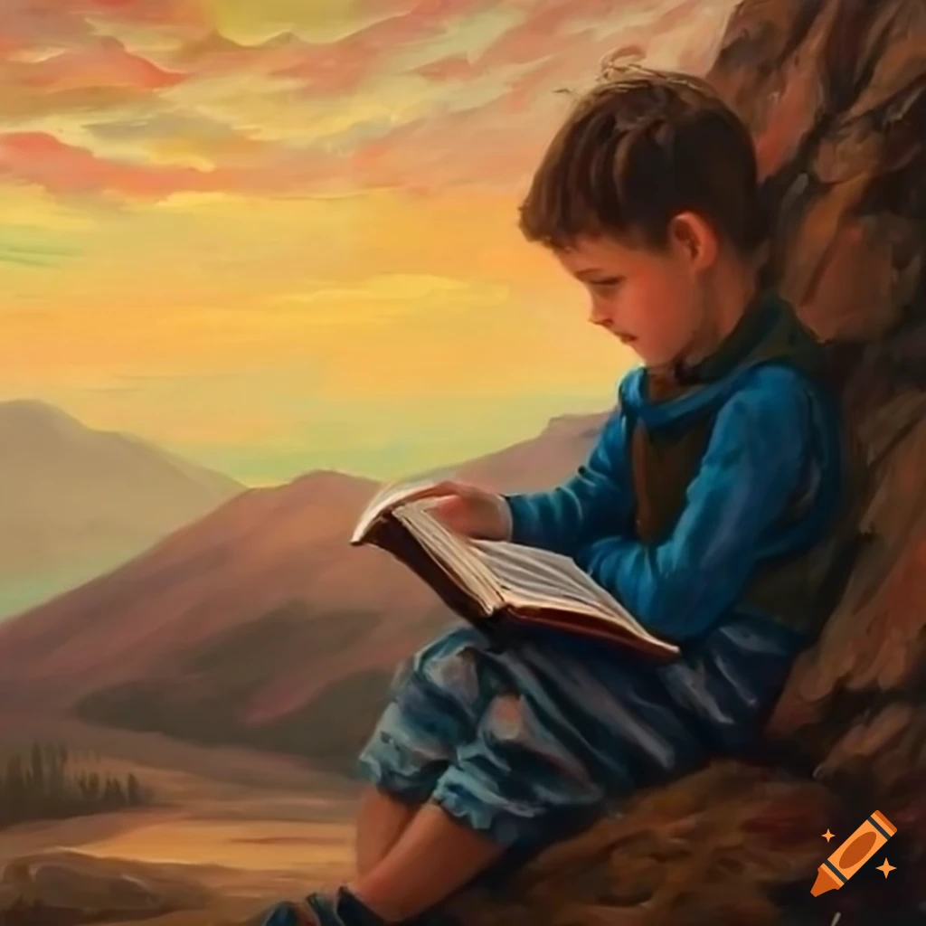 A boy reading a story book on the top mountain oil painting style on ...