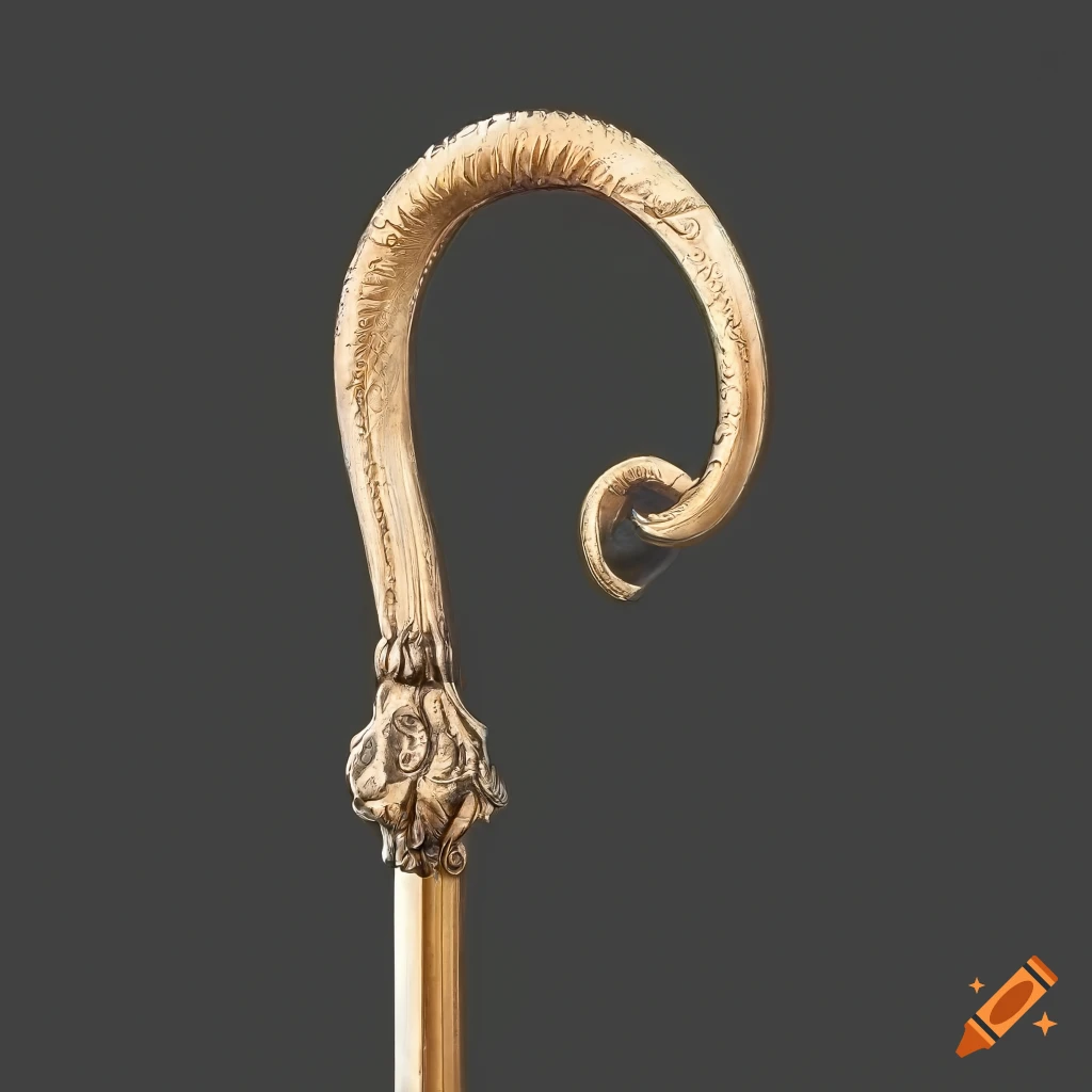 A shepherds crook decorated with engraved animal heads on Craiyon