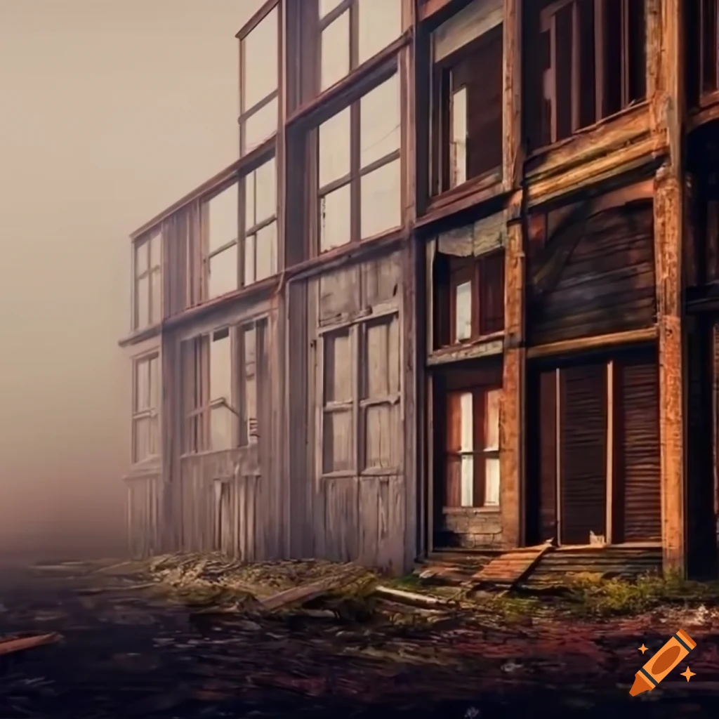 A misty 3d exterior rendering of colorful abandoned building in steel ...