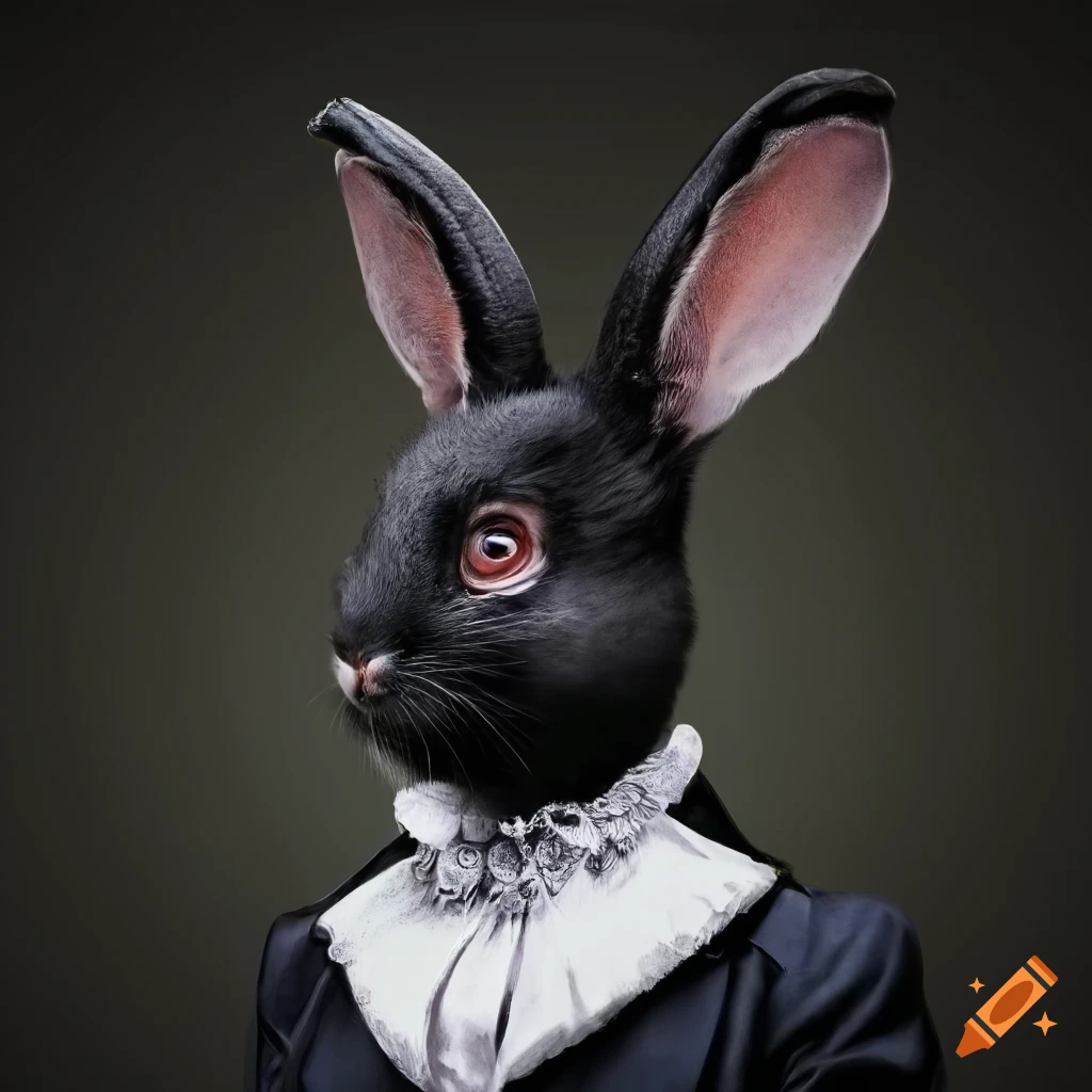 Portrait of a black anthropomorphic bunny wearing victorian fashion on ...