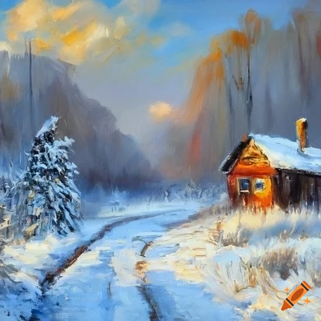 A impressionistic oil painting of a snowy road with a cabin in the distance