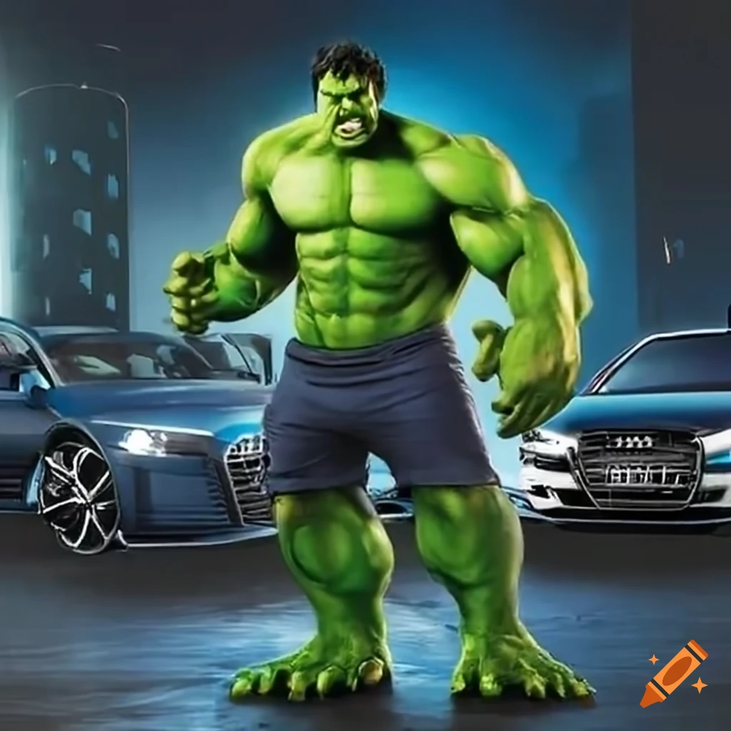 Incredible hulk standing in front of an audi car on Craiyon