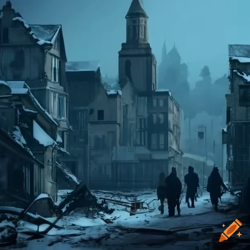 Post-apocalyptic town with many people walking around and scrap ...