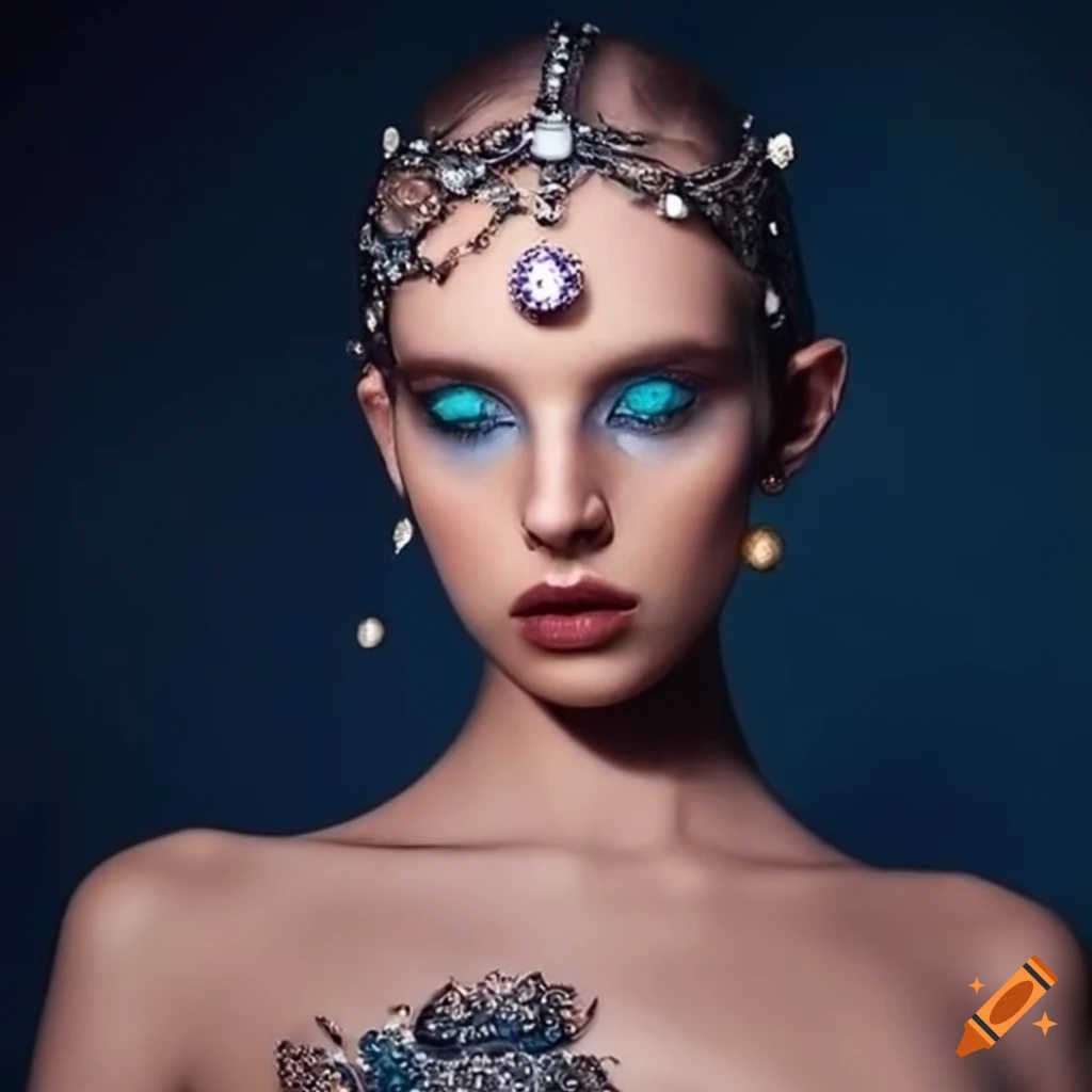 A stunning model wearing a celestial-inspired pearl neckless