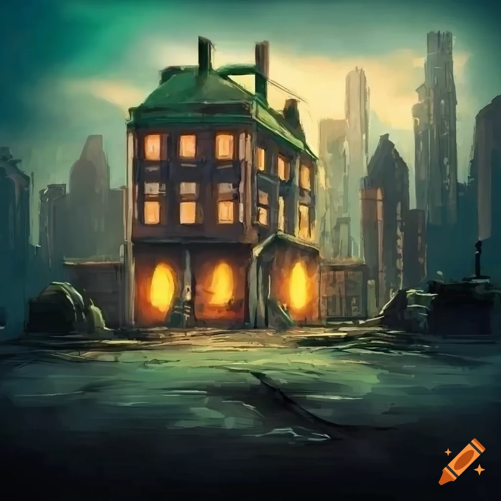 Small office building in the distance of a run-down grimy city in the ...