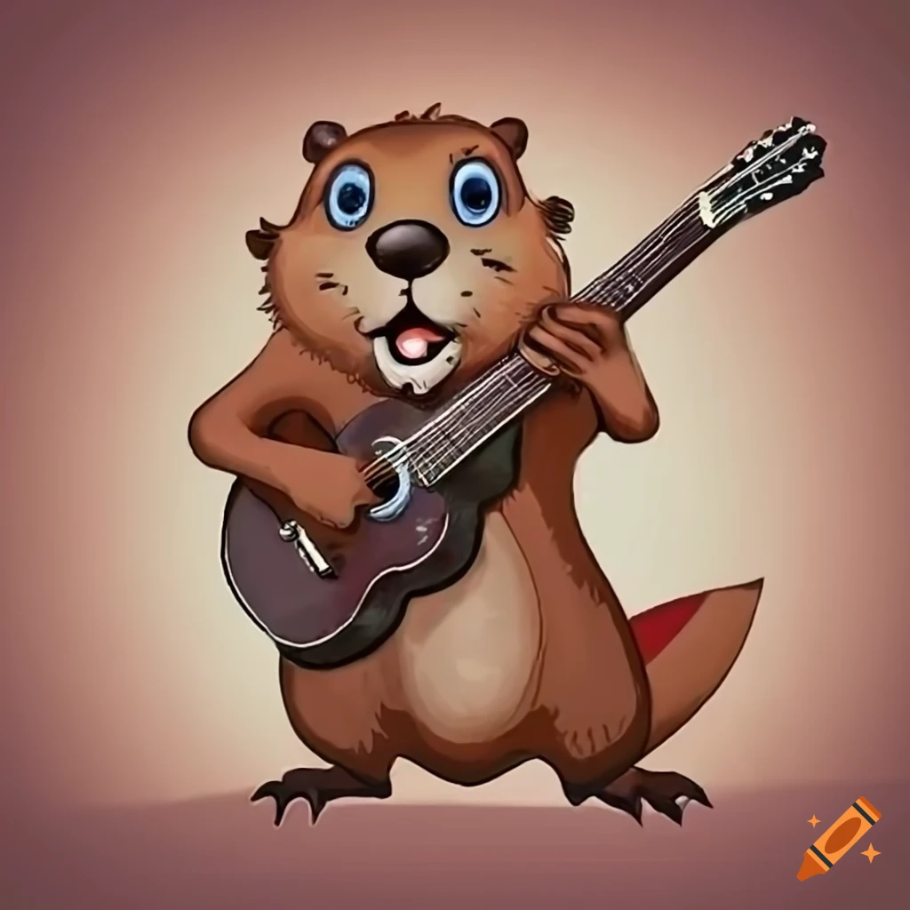 An antler adorned cartoon beaver, playing guitar