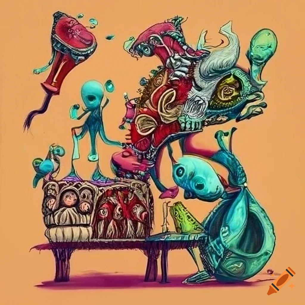 Joe Fenton drawing scene decor microcosme many creatures surrealist ...