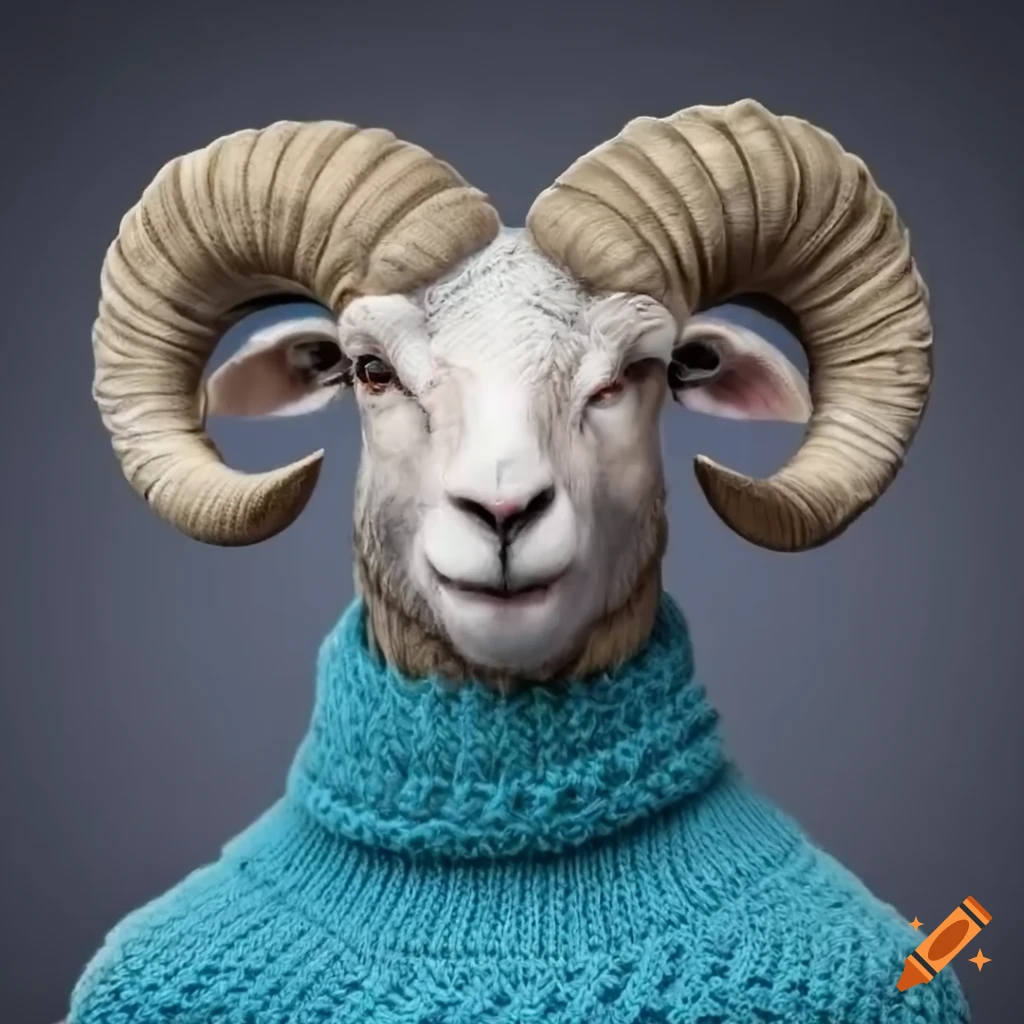 Photorealistic muscular anthropomorphic white ram with huge horns ...