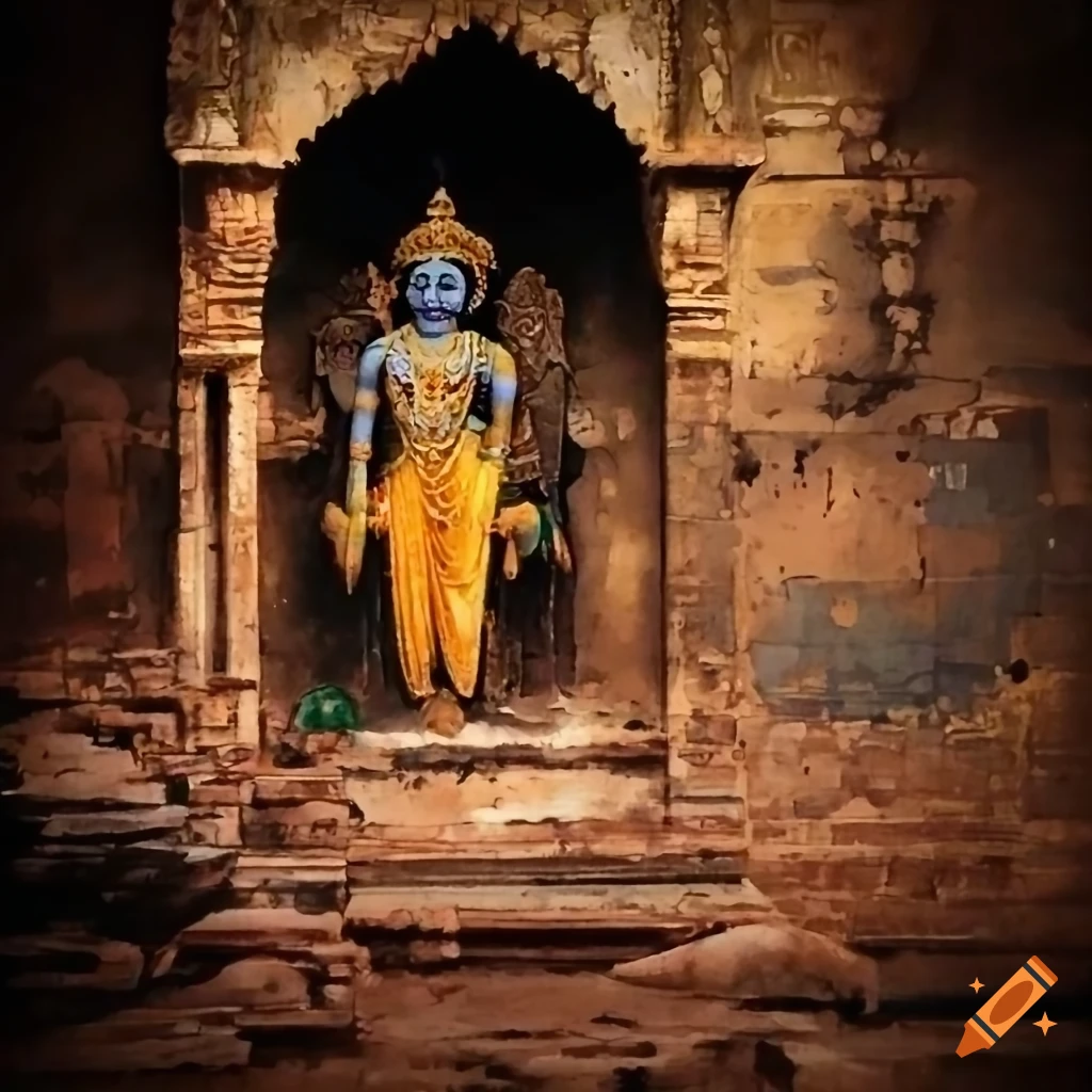 Lord krishna, full body, inside old broken dirty brick temple, water ...