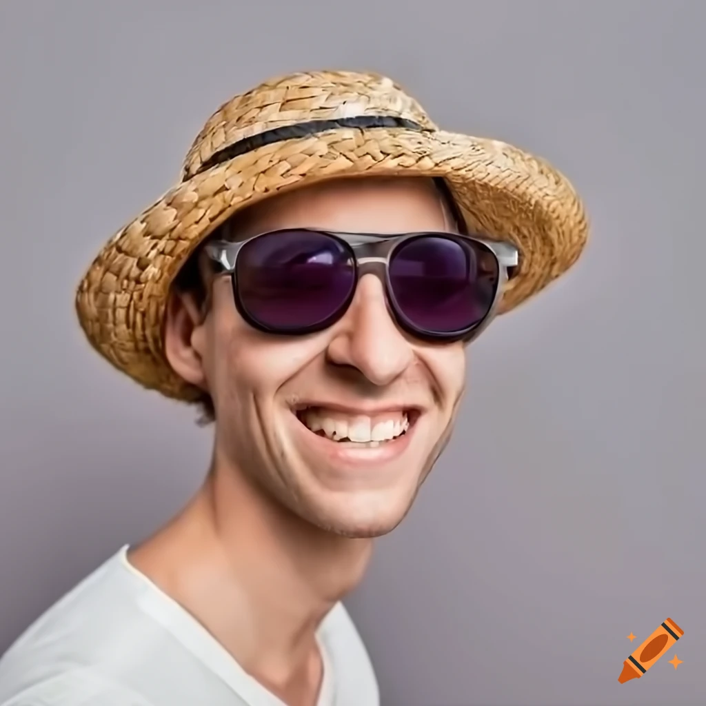 Cotorep man wearing sunglass and straw hat; smiling; isolated on light gray on Craiyon