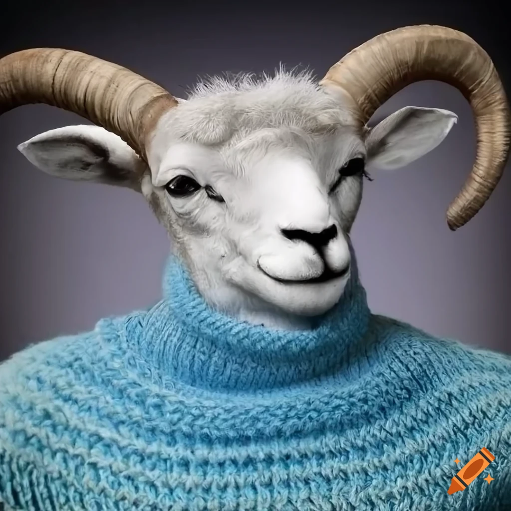 Photorealistic muscular anthropomorphic white ram with huge horns ...