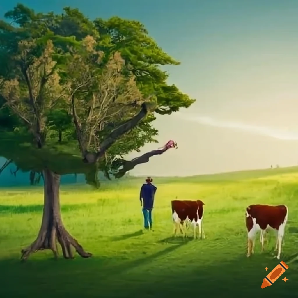 A man standing near a tree the cows grazing a grass