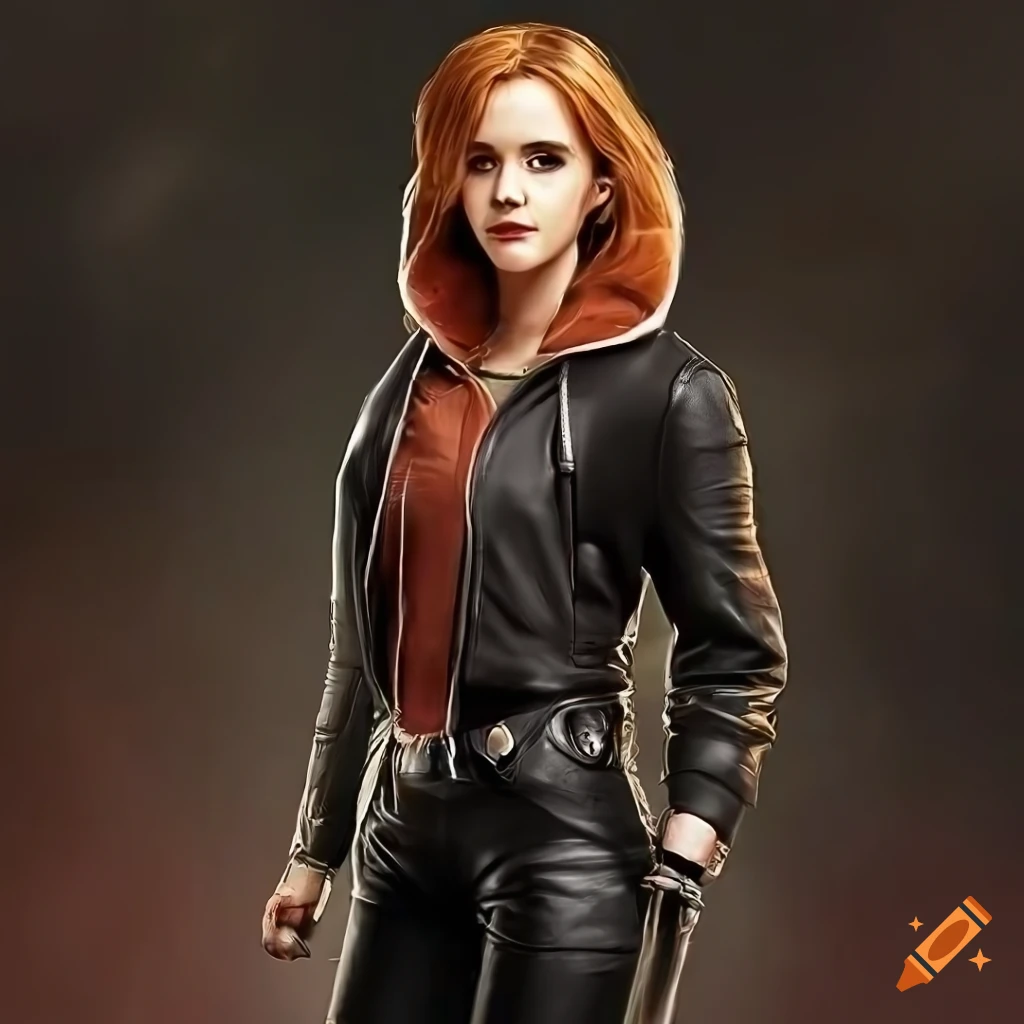 Photorealistic, emma watson, ginger hair, slim, punk style, zip front ...
