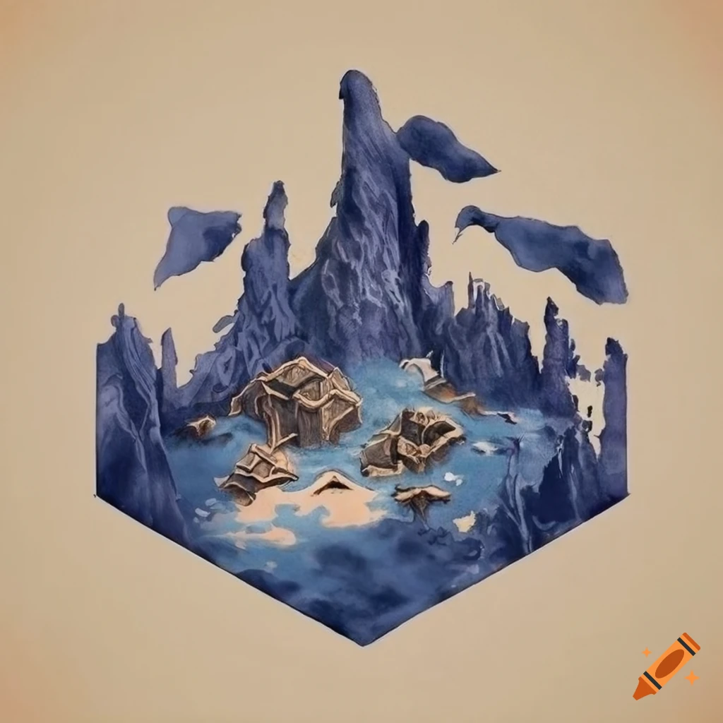 Isometric fantasy realm map with indigo ink on cream woven parchment on ...