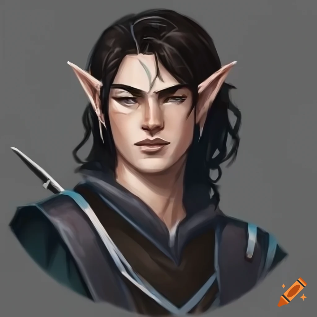 ,male handsome half-elf, pretty, very young, tired, black tousled hair ...