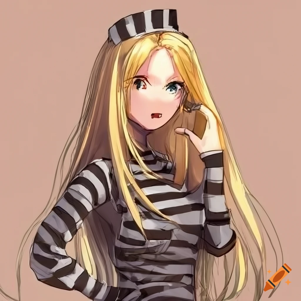 Drawn in an anime style, a blonde with long hair in a prison jumpsuit ...