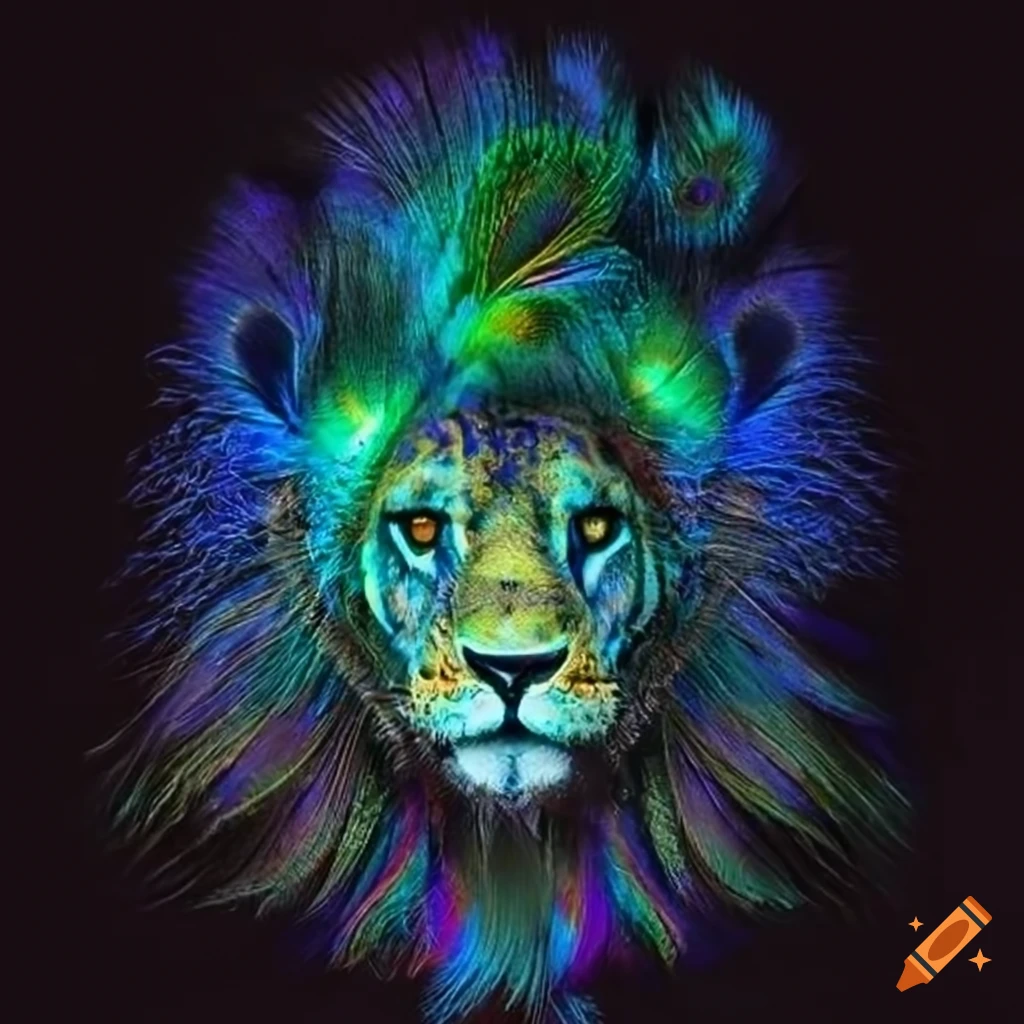 Lion head with peacock feathers