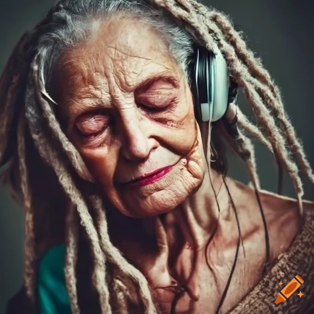 Old woman with closed eyes, dreadlocks and headphones on Craiyon