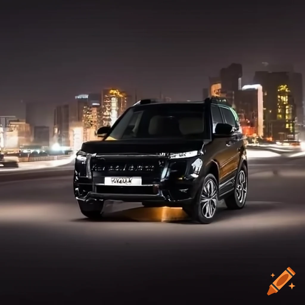 A black modern SUV in Indian city at night on Craiyon