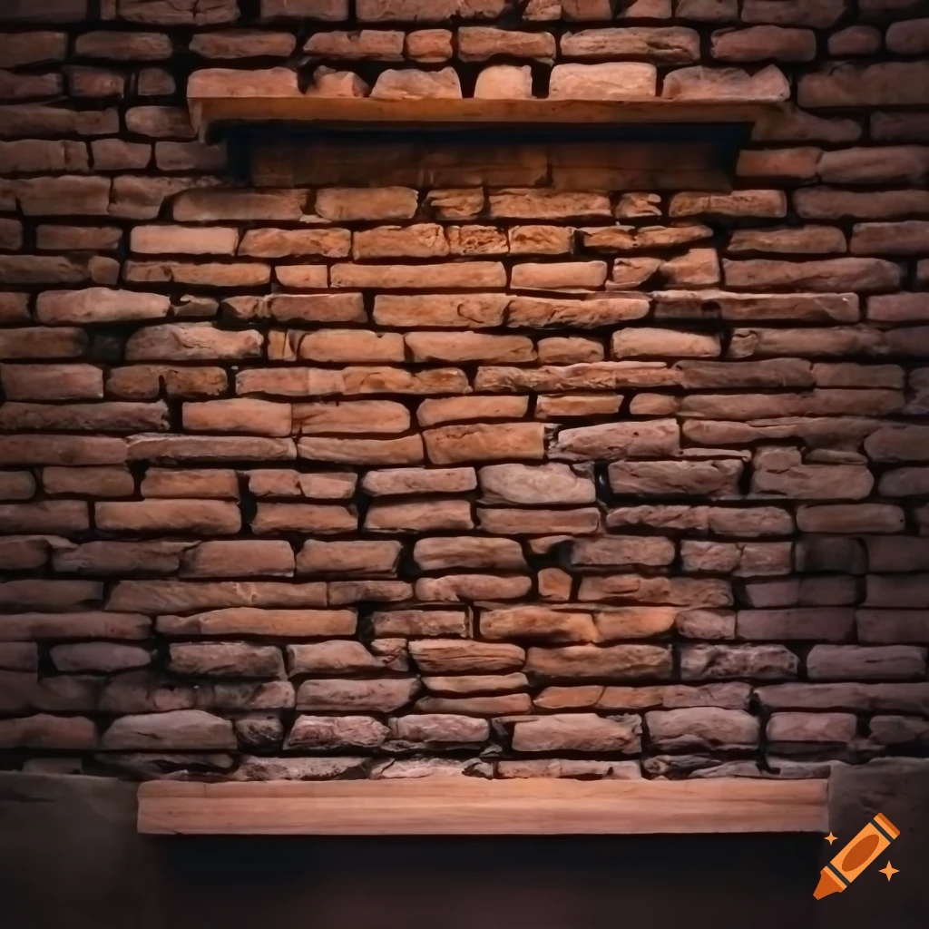 A highly detailed old dusty stone brick wall with a shelf of books on ...