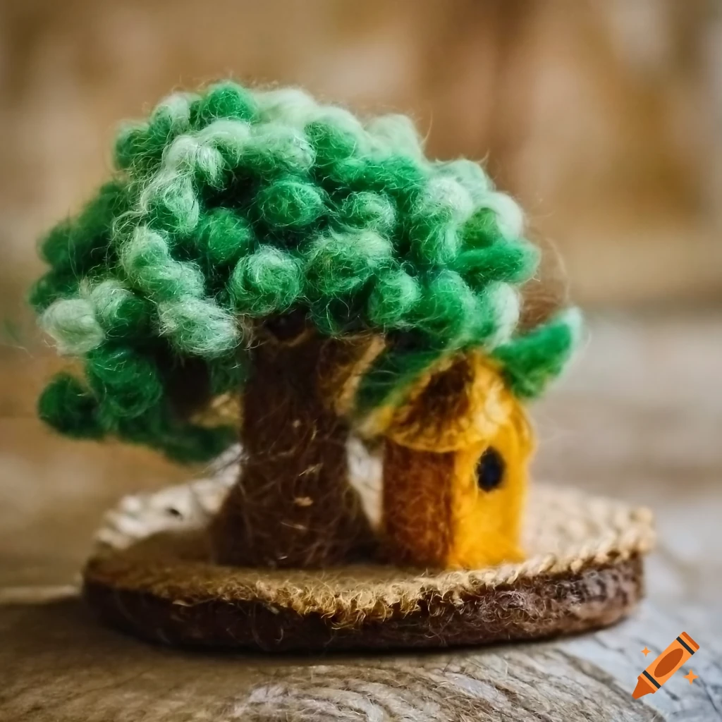 Mini wool figure, of tree house, product photo, wool details