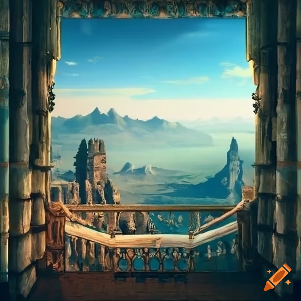 Fantasy balcony overlooking wide valley covered in the ruins of an ...