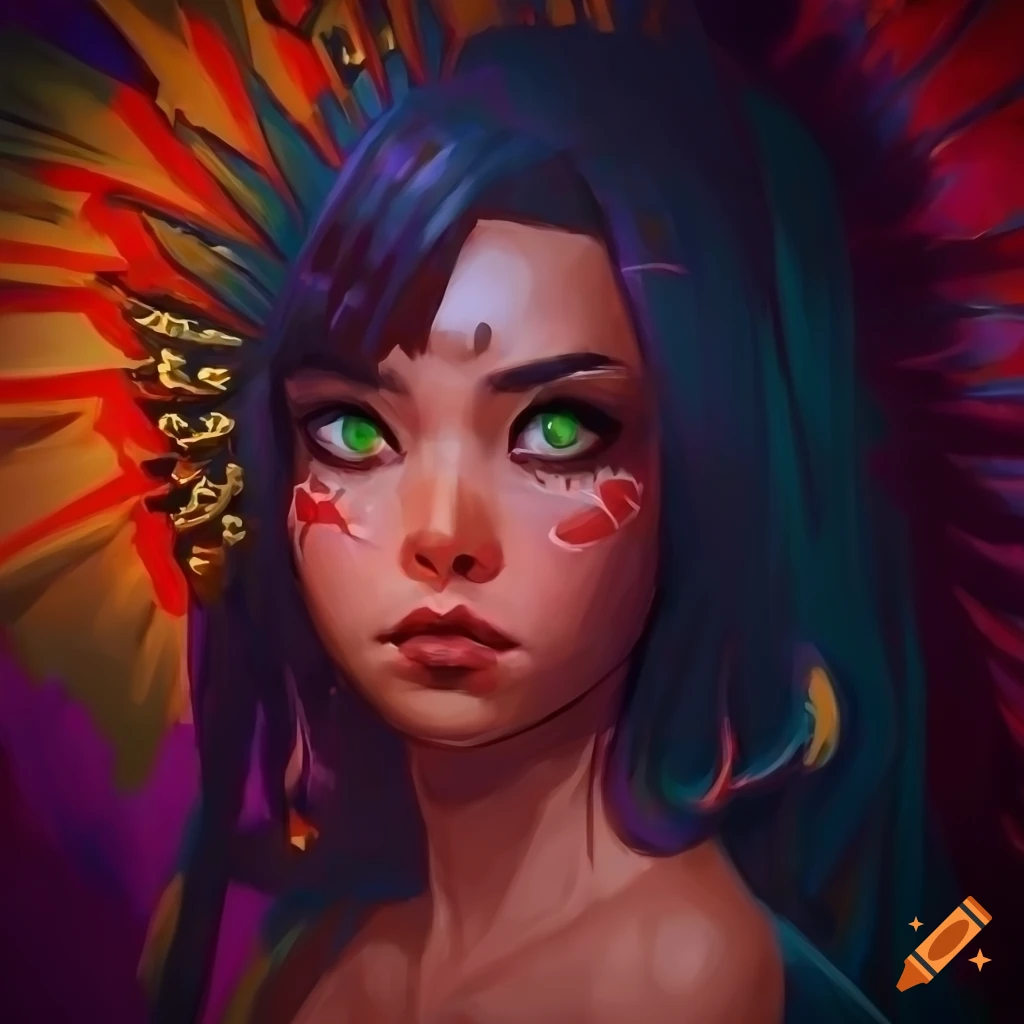 Aztec enchantress in her bedroom chamber, fauvist portrait painting ...