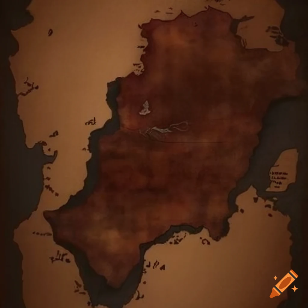 Vellum map of fantasy kingdom red brown ink on dark beige paper