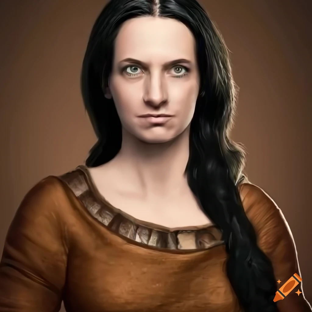 Portrait; woman; big nose; tan skin; black hair; brown medieval winter ...